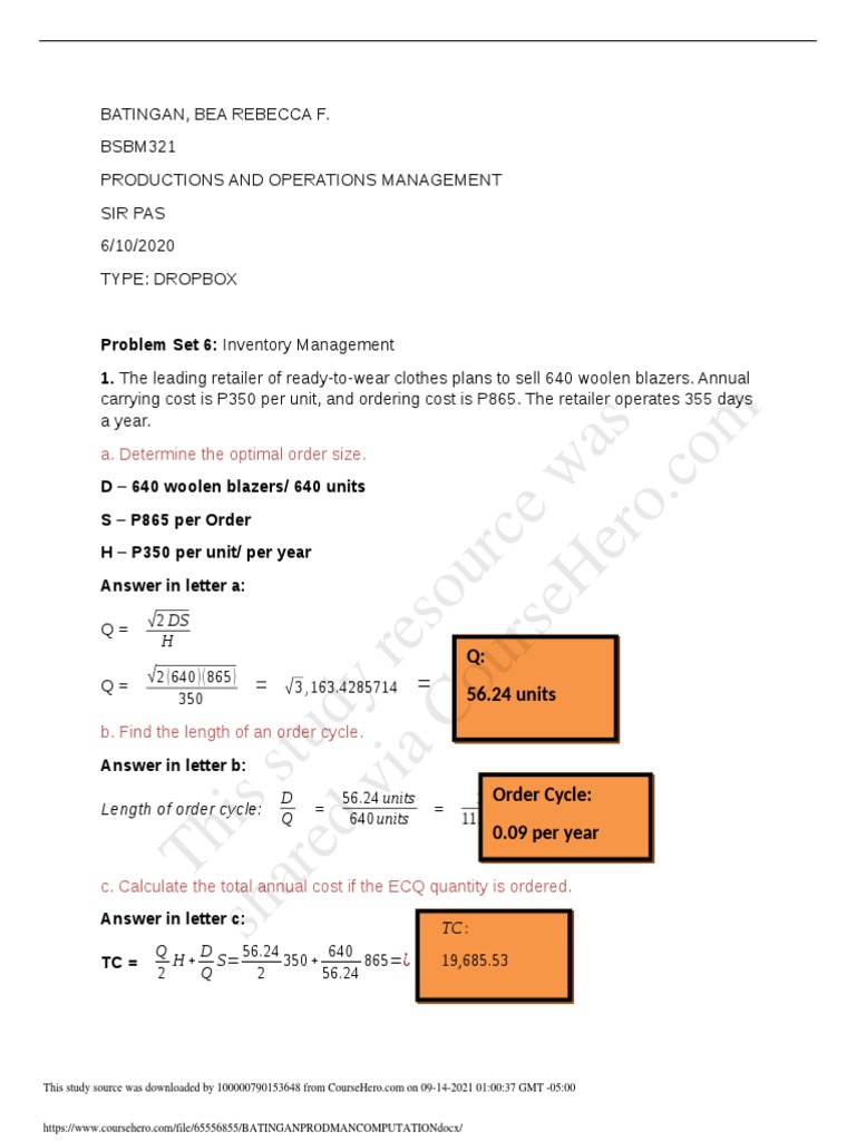 This Study Resource Was: A. Determine The Optimal Order Size | PDF ...