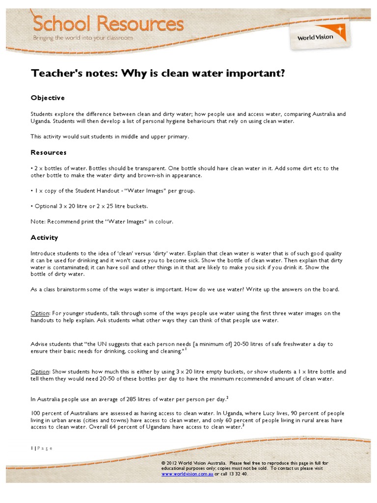 Teacher's Notes Why Is Clean Water Important | PDF | Water | Drinking Water