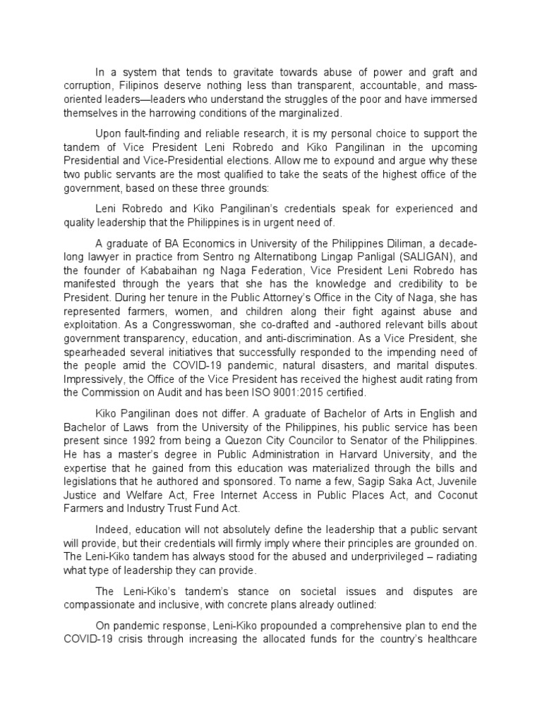 Argumentative Essay - President and Vice President | PDF | Philippines ...