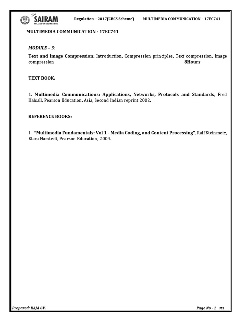 Lecture Notes - 17ec741 - Module 3a - Itext & Image Compression - Raja ...