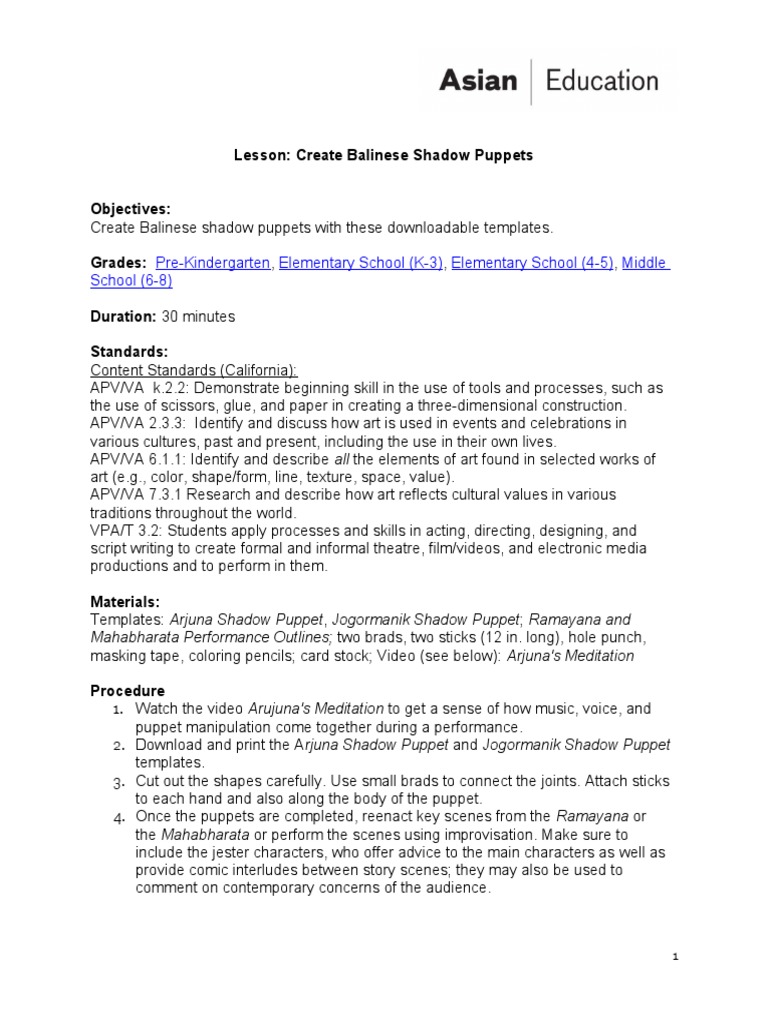 Lesson: Create Balinese Shadow Puppets Objectives: Grades: Duration: 30 ...