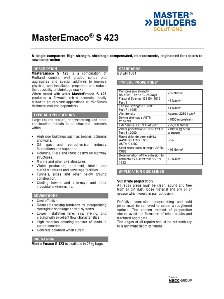 Masteremaco S 423 | PDF | Concrete | Casting (Metalworking)