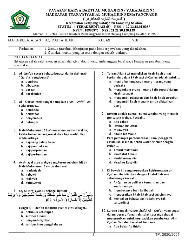 Pts Aa Kelas Viii Baru | PDF