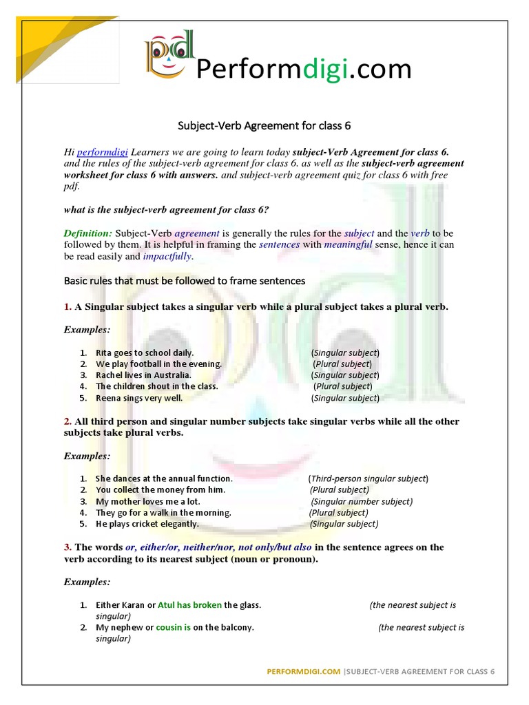 Perform: Subject-Verb Agreement For Class 6 | PDF | Grammatical Number ...