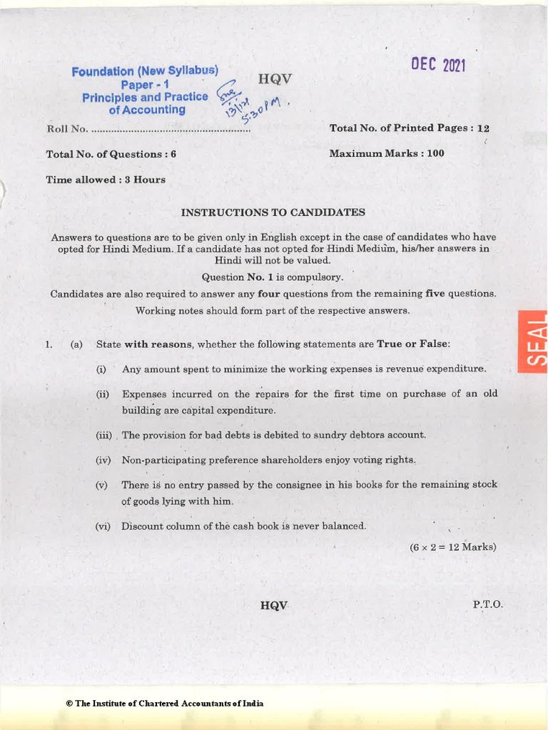 CA Foundation Dec 21 Accounts Paper | PDF