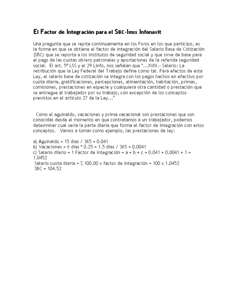 Cálculo del Factor de Integración del Salario Base de Cotización para ...