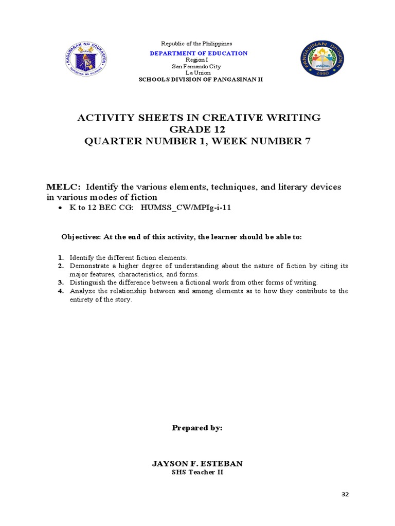 Activity Sheets in Creative Writing Grade 12 Quarter Number 1, Week ...