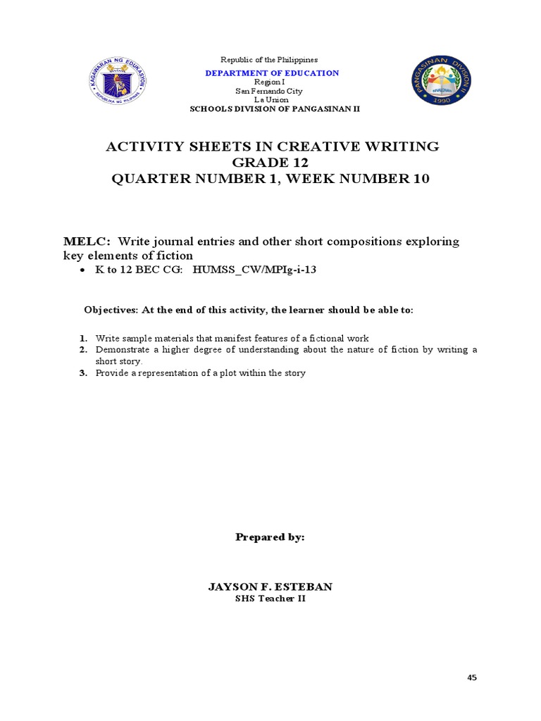 Activity Sheets in Creative Writing Grade 12 Quarter Number 1, Week ...