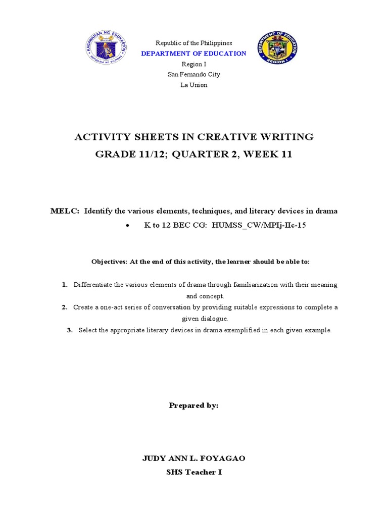 Activity Sheets in Creative Writing Grade 11/12 Quarter 2, Week 11 ...