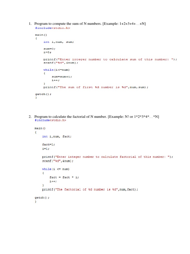 Program To Compute The Sum of N Numbers. (Example: 1+2+3+4+ +N) | PDF ...