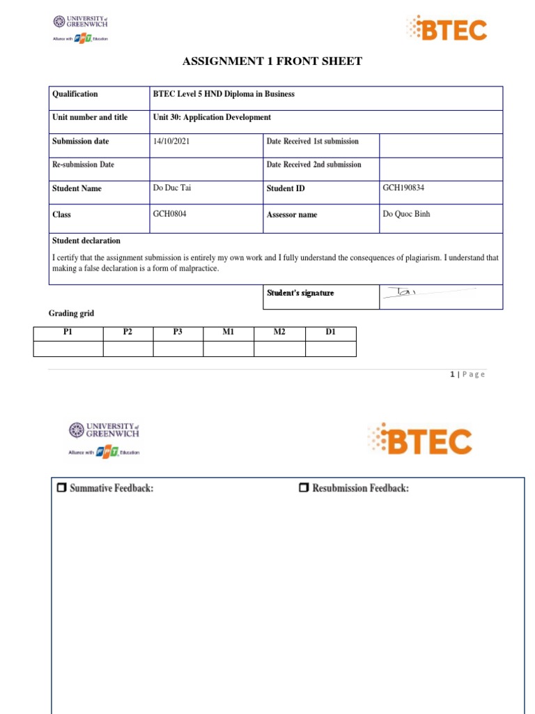 Assignment 1 Front Sheet: Qualification BTEC Level 5 HND Diploma in ...