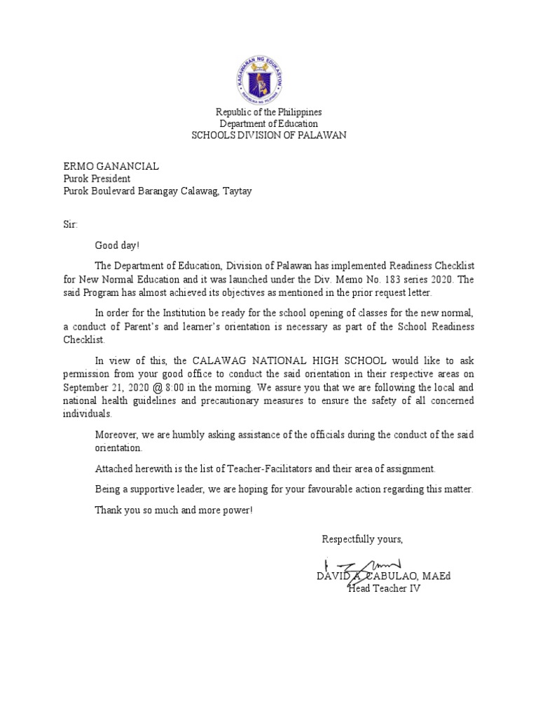 Letter For Parents and Learners Orientation | PDF