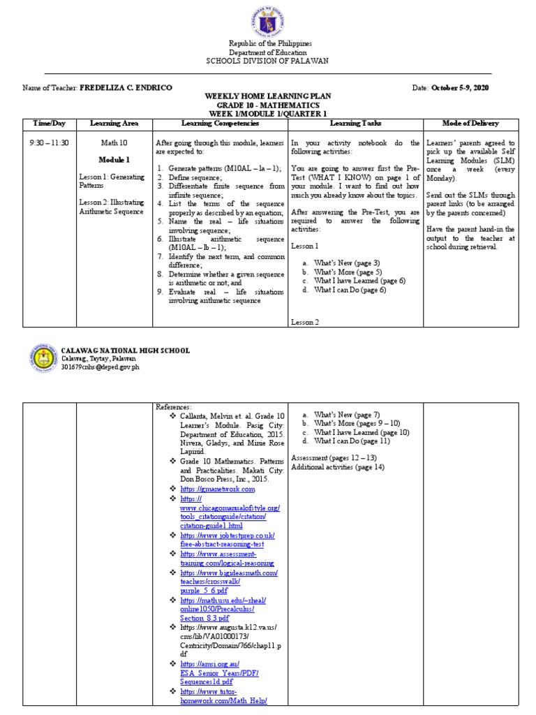 Weekly Learning Plan in Math 10 | PDF | Mathematics | Learning