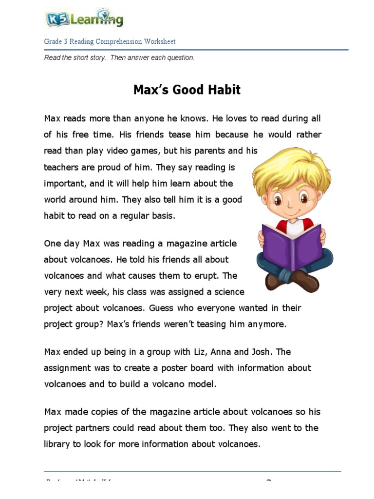 Max's Good Habit: Grade 3 Reading Comprehension Worksheet | PDF ...