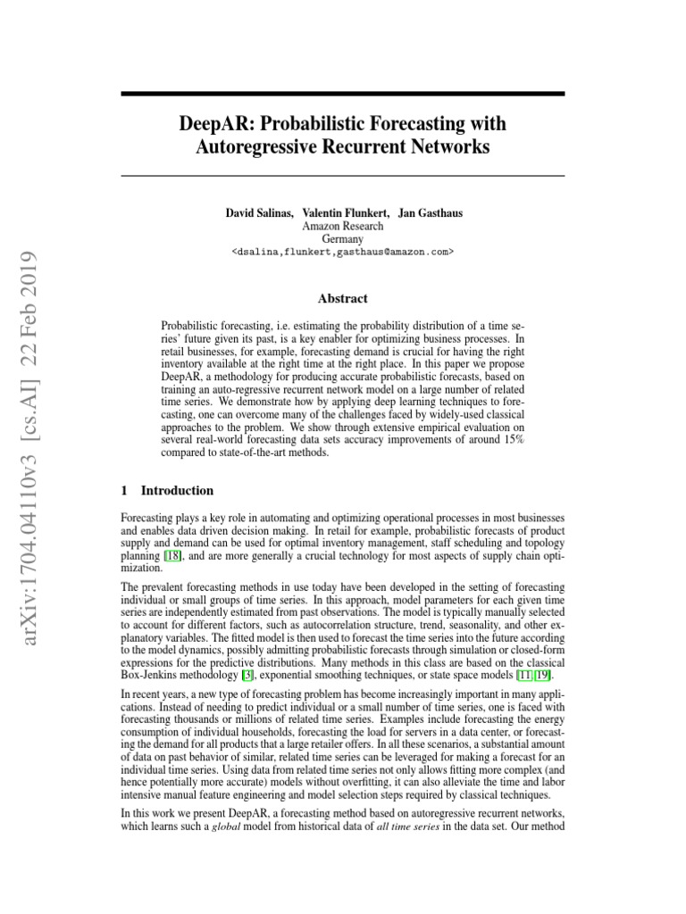 Deepar: Probabilistic Forecasting With Autoregressive Recurrent Networks | PDF | Forecasting ...