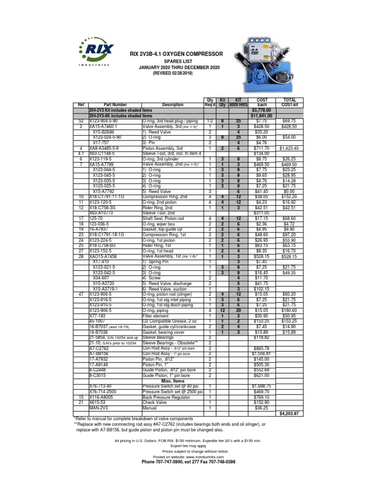 RIX 2V3B-4.1 Oxygen Compressor Parts List | PDF | Piston | Valve