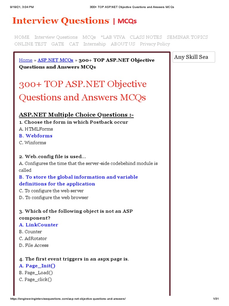 Objective Questions and Answers MCQs | PDF | Active Server Pages ...