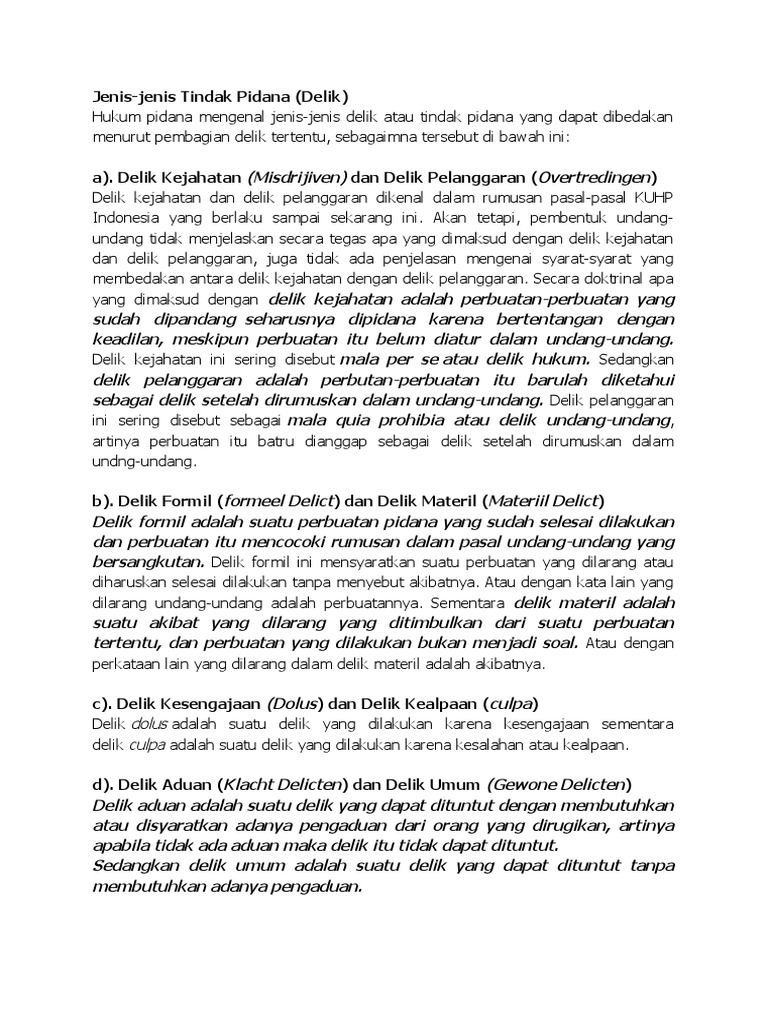 Jenis-Jenis Delik dalam Hukum Pidana | PDF