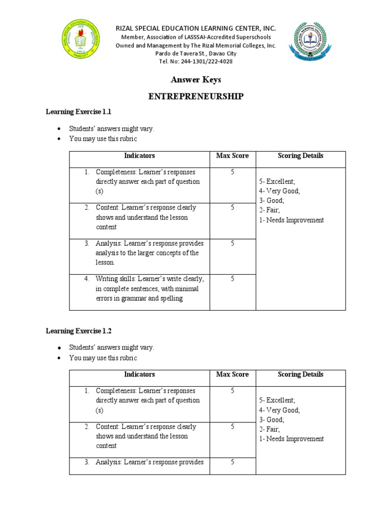 Answer Keys Entrepreneurship: Rizal Special Education Learning Center ...