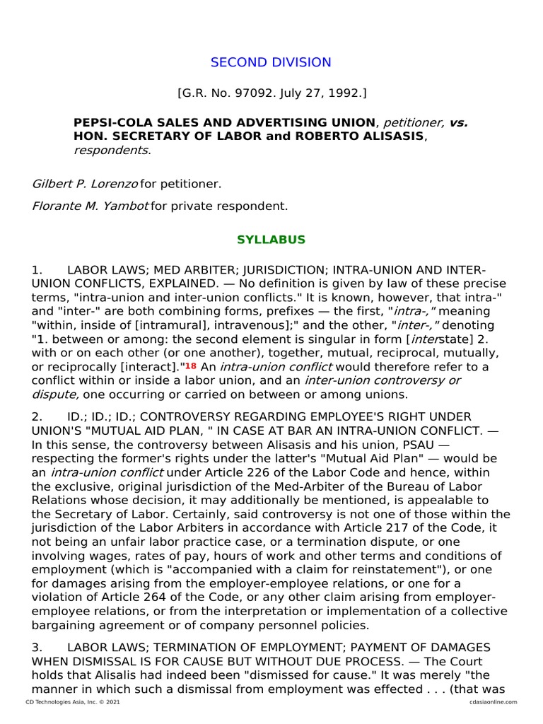 Pepsi-Cola Sales and Advertising Union v. Secretary of Labor | PDF ...