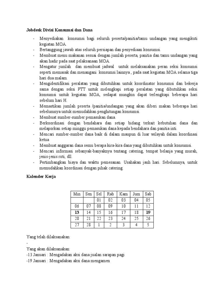 Tugas Divisi Konsumsi & Dana MOA | PDF | Bisnis | Pengelolaan Keuangan & Uang