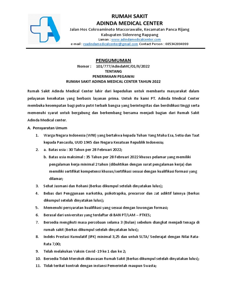 Pensyaratan Lamaran Kerja Rumah Sakit Adinda Medical Center | PDF