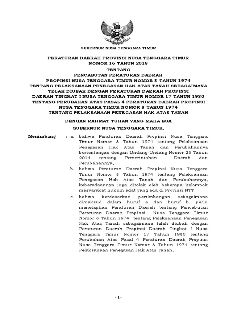 Perda Nomor 16 Tahun 2018 (Pencabutan Perda Nomor 8 Tahun 1974) | PDF | Griya & Taman