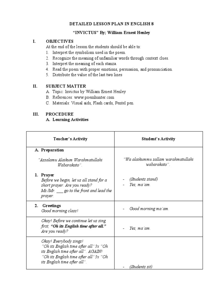 Activity 2 Detailed Lesson Plan Invictus | PDF