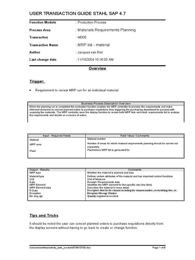 SAP47 - MD05 MRP List Materiall | PDF | Double Click | Menu (Computing)