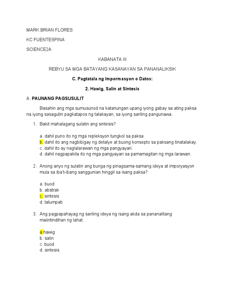 Pagsusulit - Hawig, Salin, Sintesis | PDF