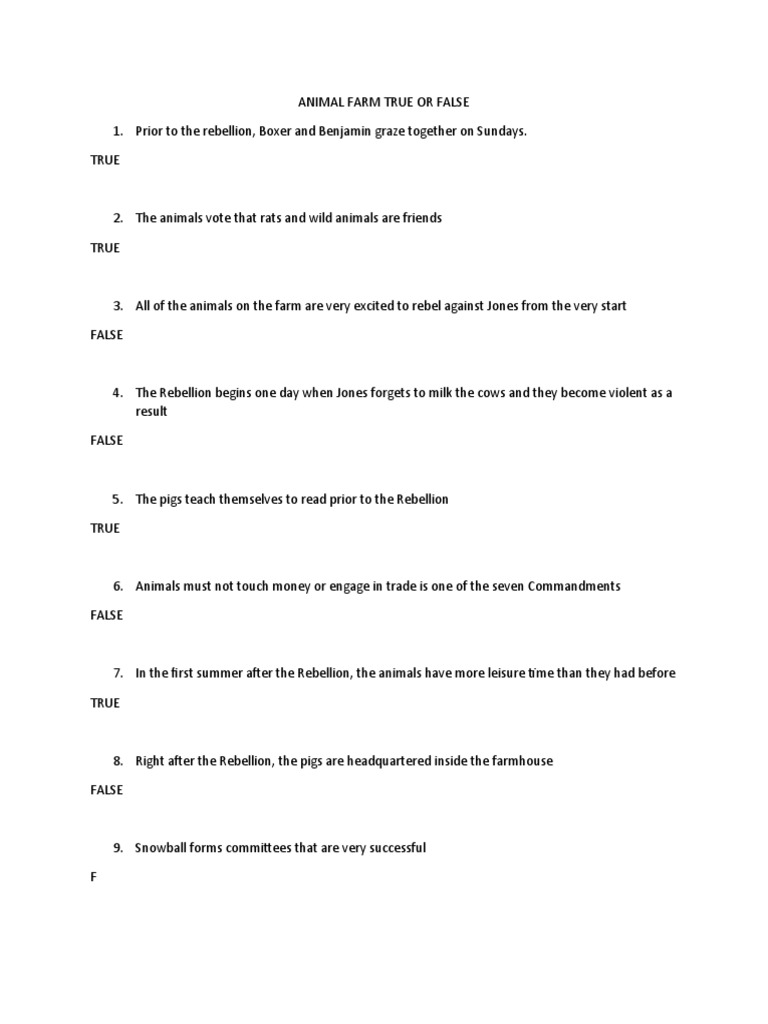Animal Farm True or False Quiz | PDF