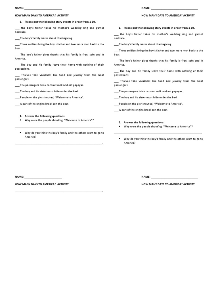 How Many Days to America Activity | PDF