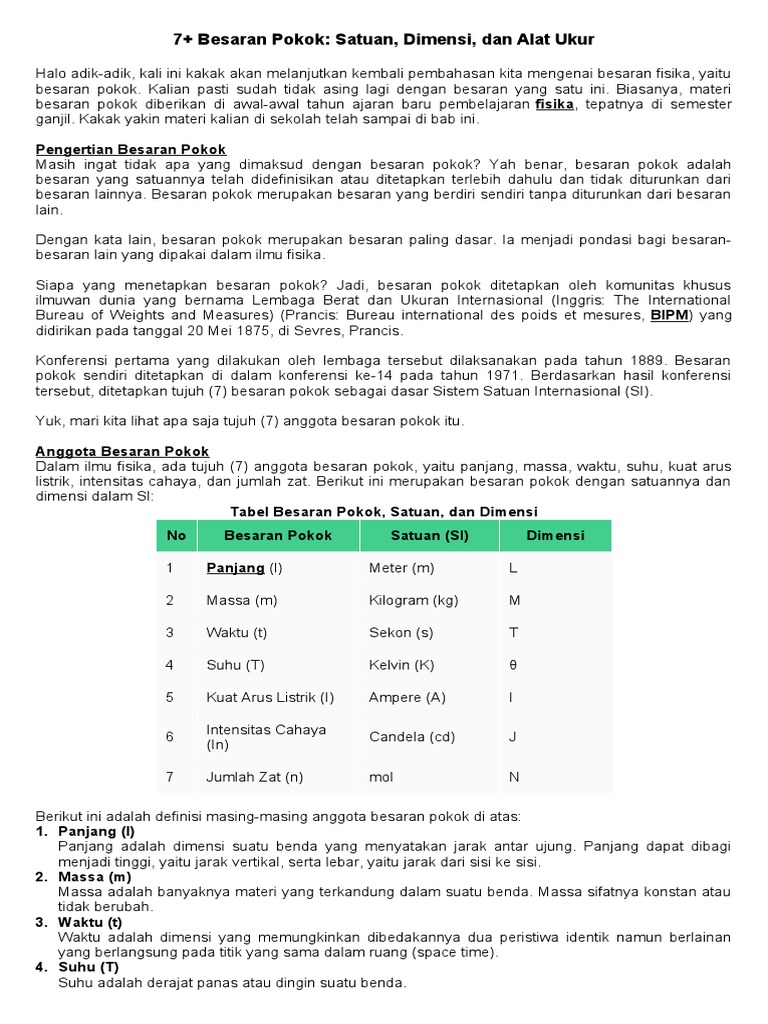 7 Besaran Pokok Satuan, Dimensi, Dan Alat Ukur | PDF | Metode & Bahan ...