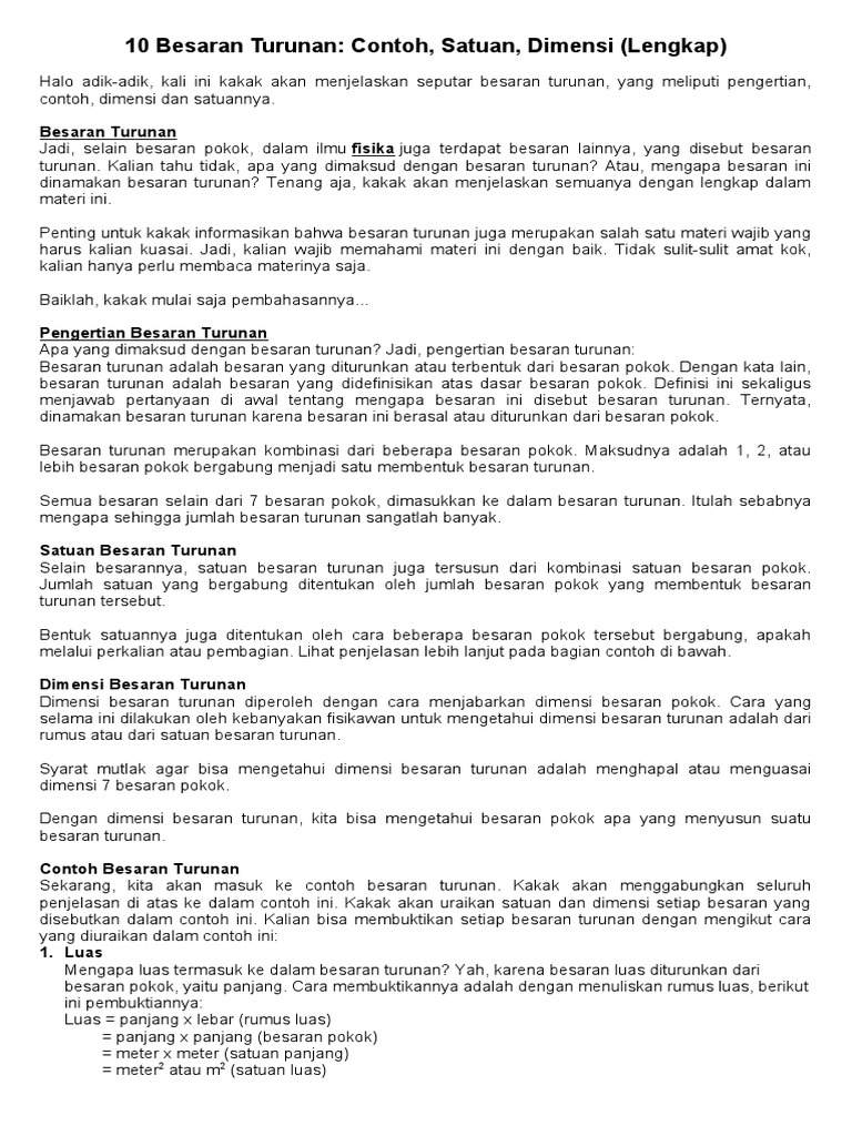 10 Besaran Turunan Contoh, Satuan, Dimensi (Lengkap) | PDF | Metode ...