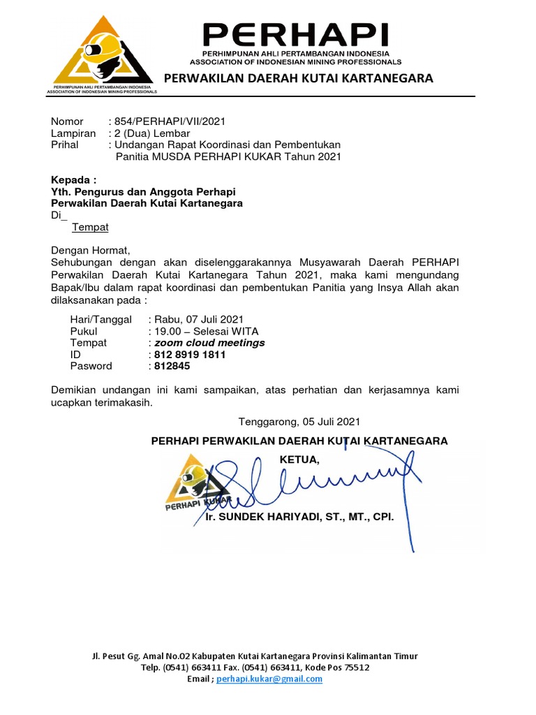 Undangan Rapat Koordinasi MUSDA PERHAPI 2021 | PDF