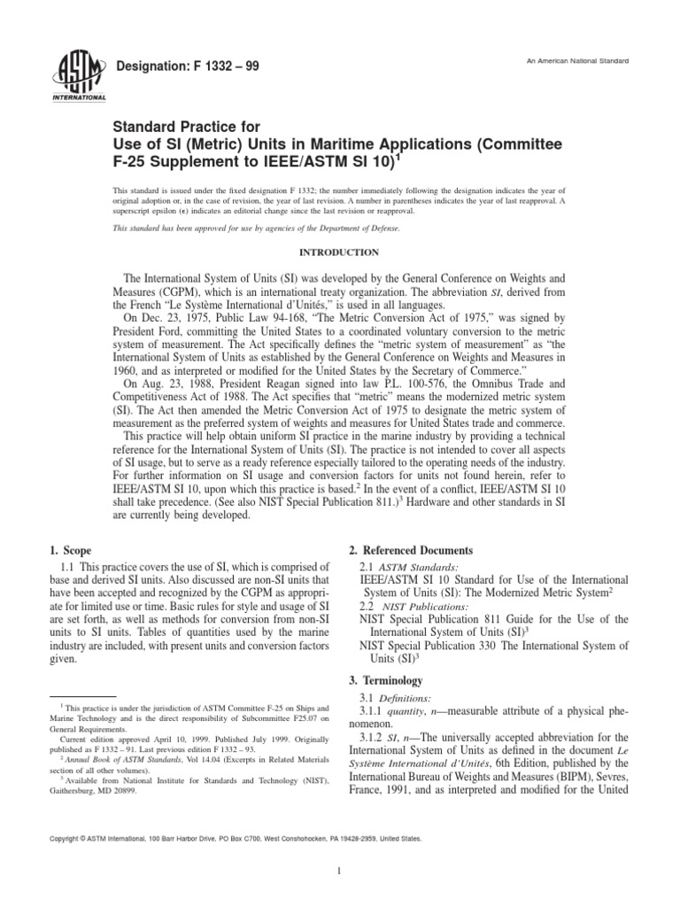 Use of SI (Metric) Units in Maritime Applications (Committee F-25 ...