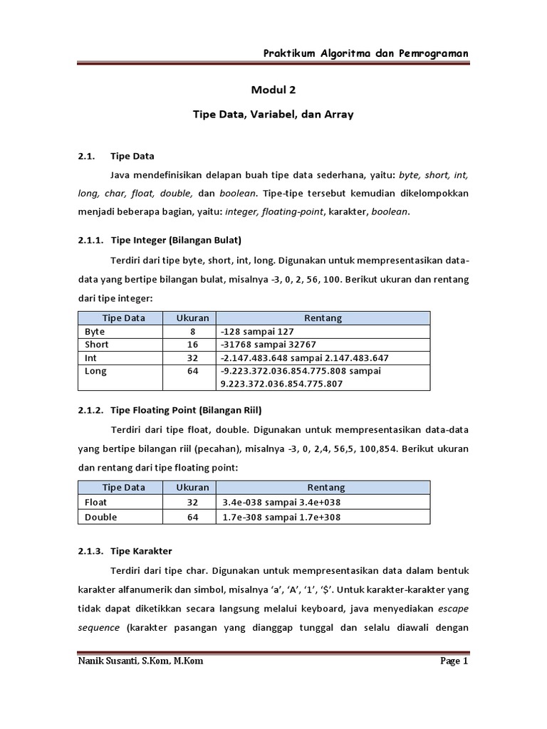 Modul 2 Tipe Data, Variabel, Dan Array | PDF