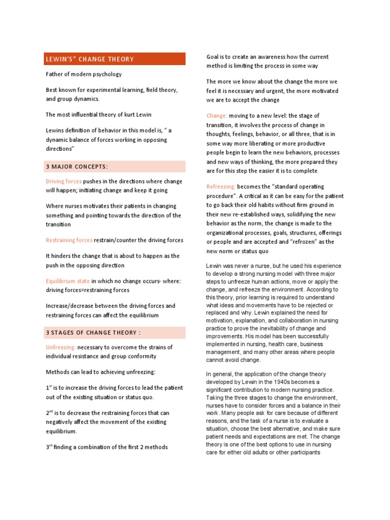 Lewins Change Theory | PDF | Nursing | Theory