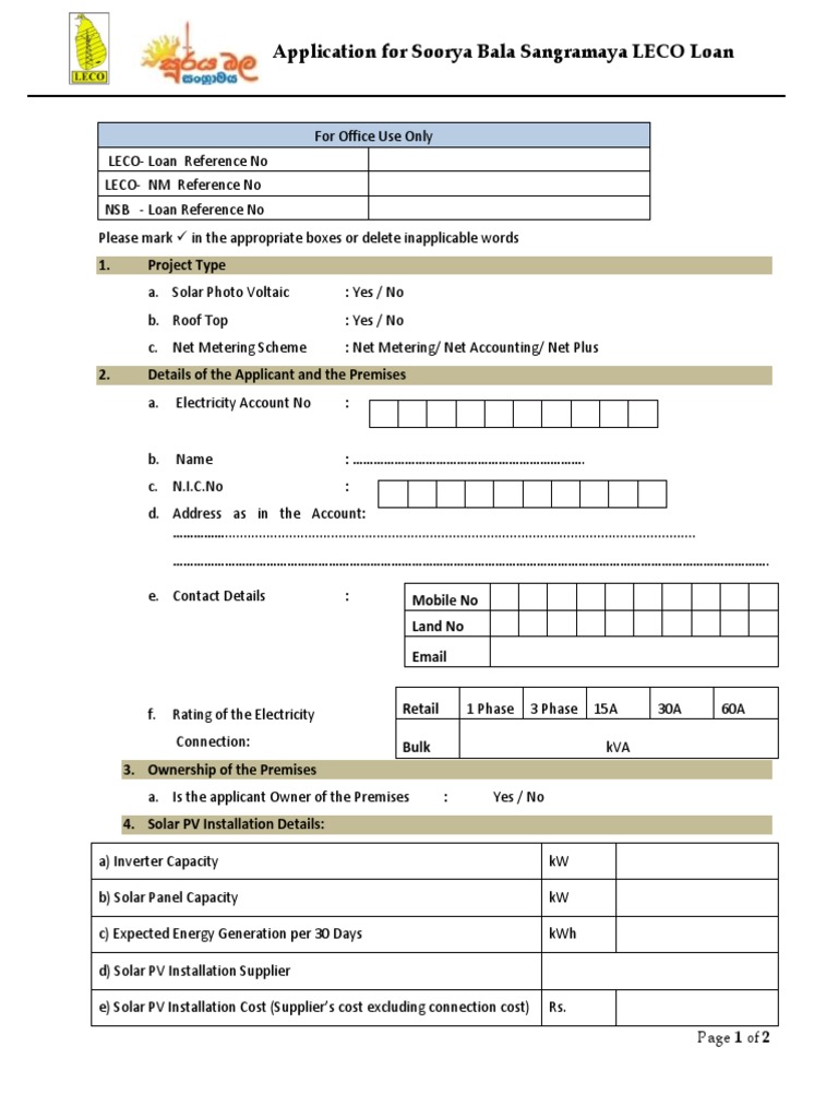 Soorya Bala Sangramaya LECO Loan LECO Application | PDF | Photovoltaic ...