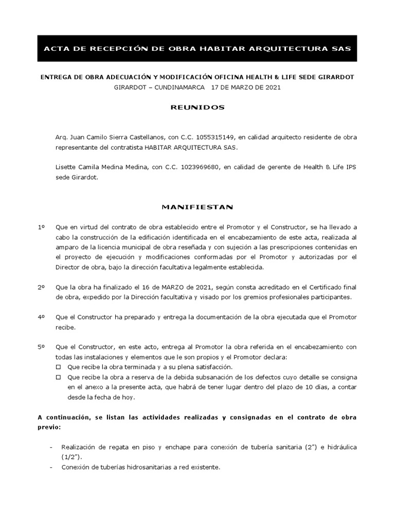 Acta de Obra | PDF | Materiales de construcción | Diseño arquitectonico