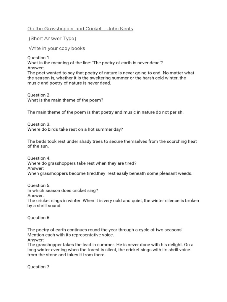 8 Poem ... On The Grasshopper... Notes | PDF | Poetry