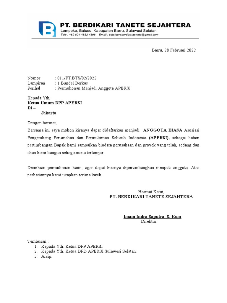 Contoh SURAT PERMOHONAN JADI ANGGOTA APERSI | PDF
