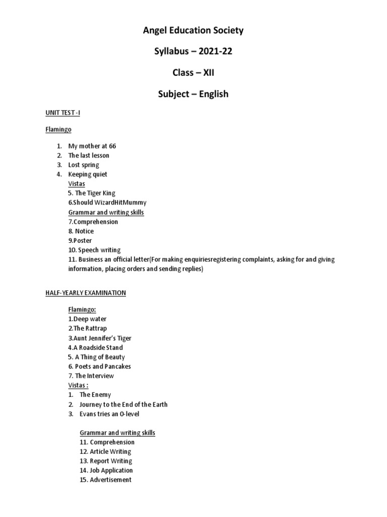 Angel Education Society Syllabus - 2021-22 Class - XII Subject ...