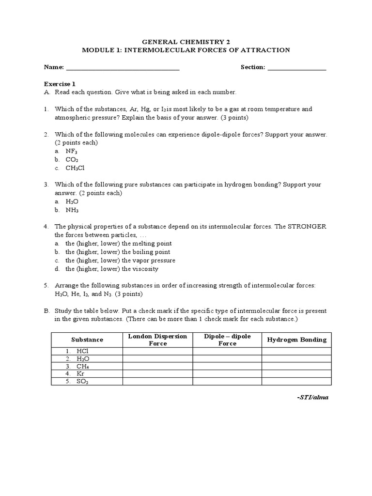 General Chemistry 2 Module 1: Intermolecular Forces of Attraction Name ...