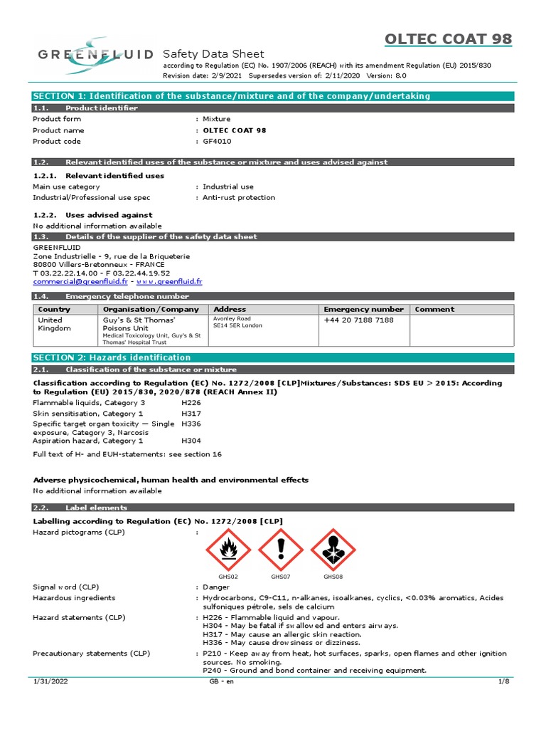 Oltec Coat 98 Fds Vers 8 - en | PDF | Firefighting | Toxicity