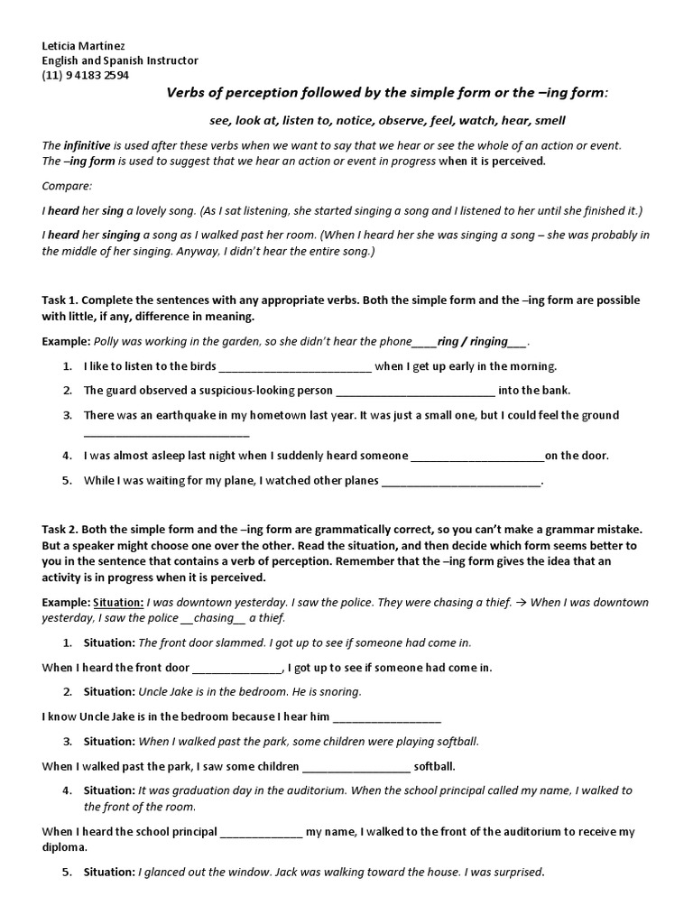 7.verbs of Perception Followed by The Simple Form or The PDF | PDF ...