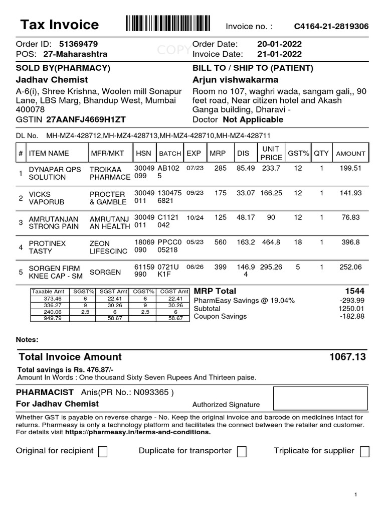 Tax Invoice for Pharmacy Purchase | PDF | Taxes | Pharmacy