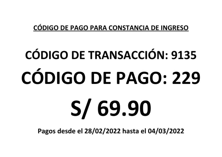 Código de Pago para Constancia de Ingreso | PDF