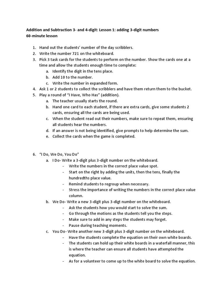 3-Digit Addition Lesson Plan | PDF | Subtraction | Mathematics