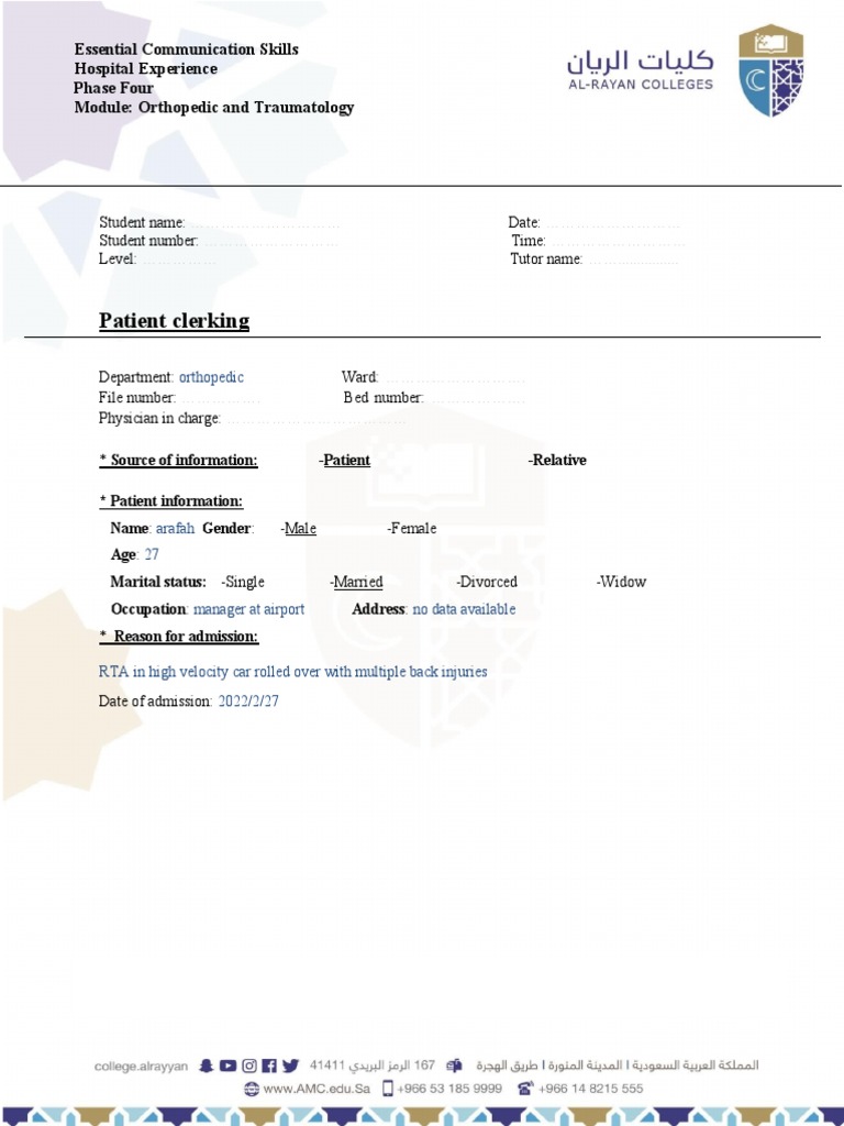 HX Form (Ortho) Essential Clinical Skills Program (Level - 12) | PDF ...